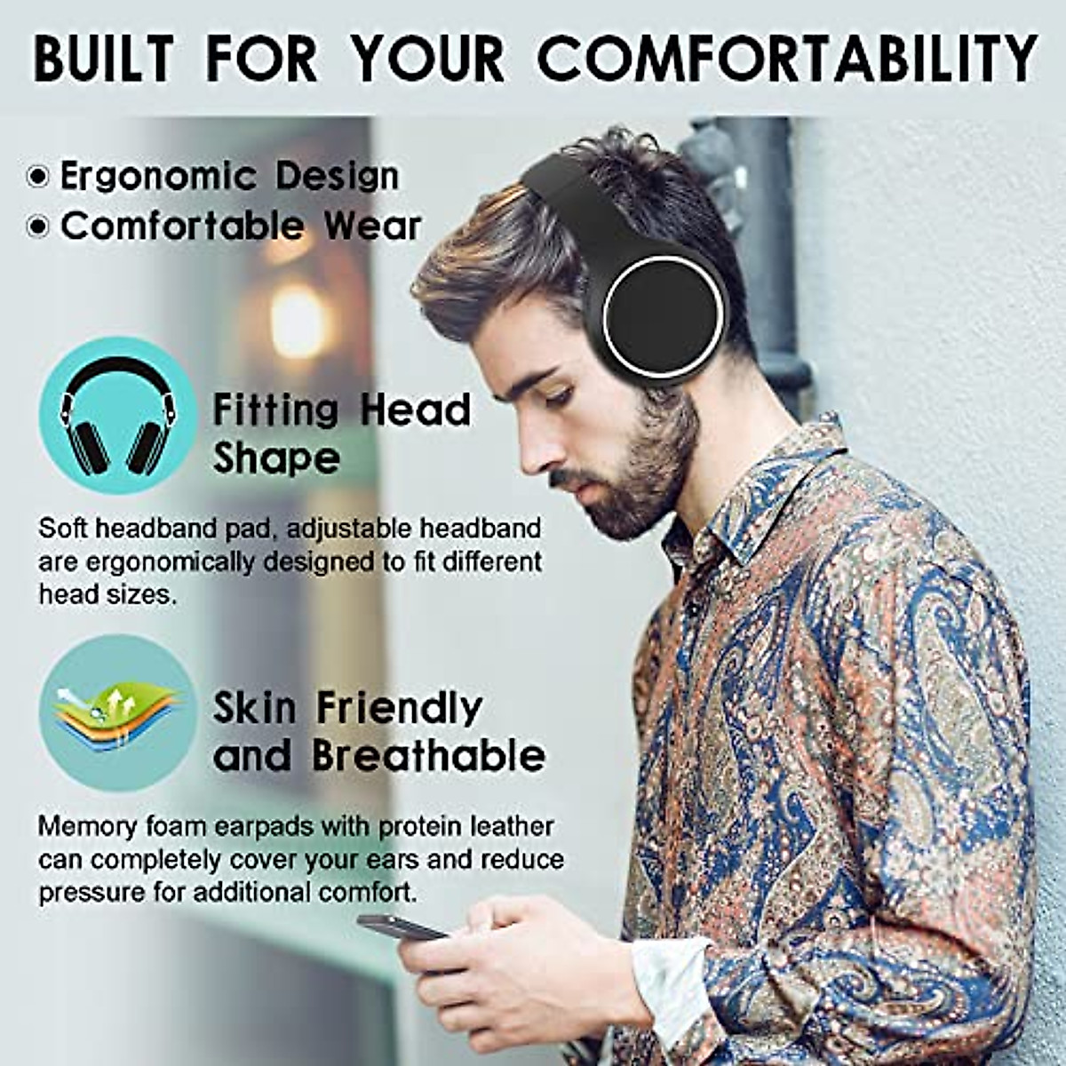 UOWGA Active Noise Cancelling Headphones, Wireless Over-Ear Bluetooth Headphones, Built-in Microphone, Fast Charge 30H Playtime Deep Bass, Memory Foam Ear Cups Foldable, for Work, Travel, Home Black