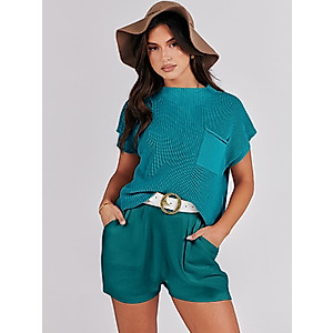 Caracilia 2 Piece Lounge Sets for Women 2024 Summer Short Sleeve Sweaters and Shorts Matching Sets Clothing Casual Fashion Deep Deep Green X-Large