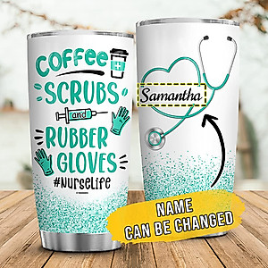 Wassmin Personalized Coffee Scrubs Rubber Gloves Nurse Life Stethoscope Tumbler Cup With Lid Vacuum Insulated Travel Mug 20oz 30oz Birthday Christmas Week Appreciation Gift Nurses Nursing (Green 2)