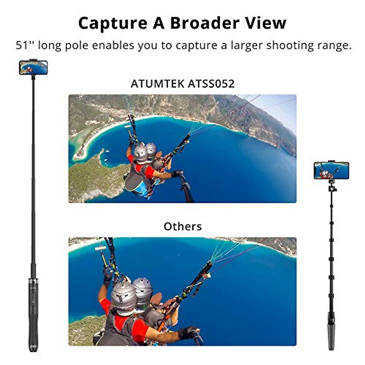ATUMTEK 51" Selfie Stick Tripod, All in One Extendable Phone Tripod Stand with Bluetooth Remote 360° Rotation for iPhone and Android Phone Selfies, Video Recording, Vlogging, Live Streaming, Black