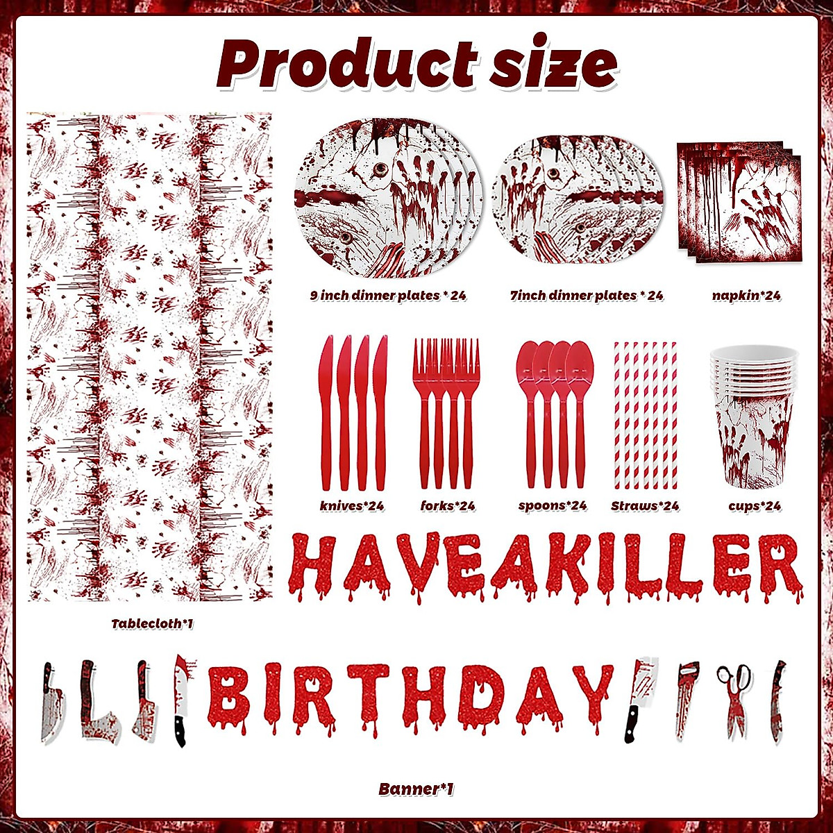 MEHOFOND Have a Killer Birthday Decoration, 194PCS Halloween Scream Party Tableware Decorations Include Killer Banner Bloody Hand Print Plates Napkins Tablecloth for Horror Themed Birthday Supplies