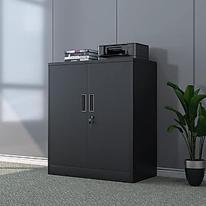 iJINGUR Metal Storage Cabinet with Locking Doors and 2 Adjustable Shelves, Small Lockable Steel Storage Cabinets for Garage Home Office Basement Pantry Classroom and Workshop (Black)