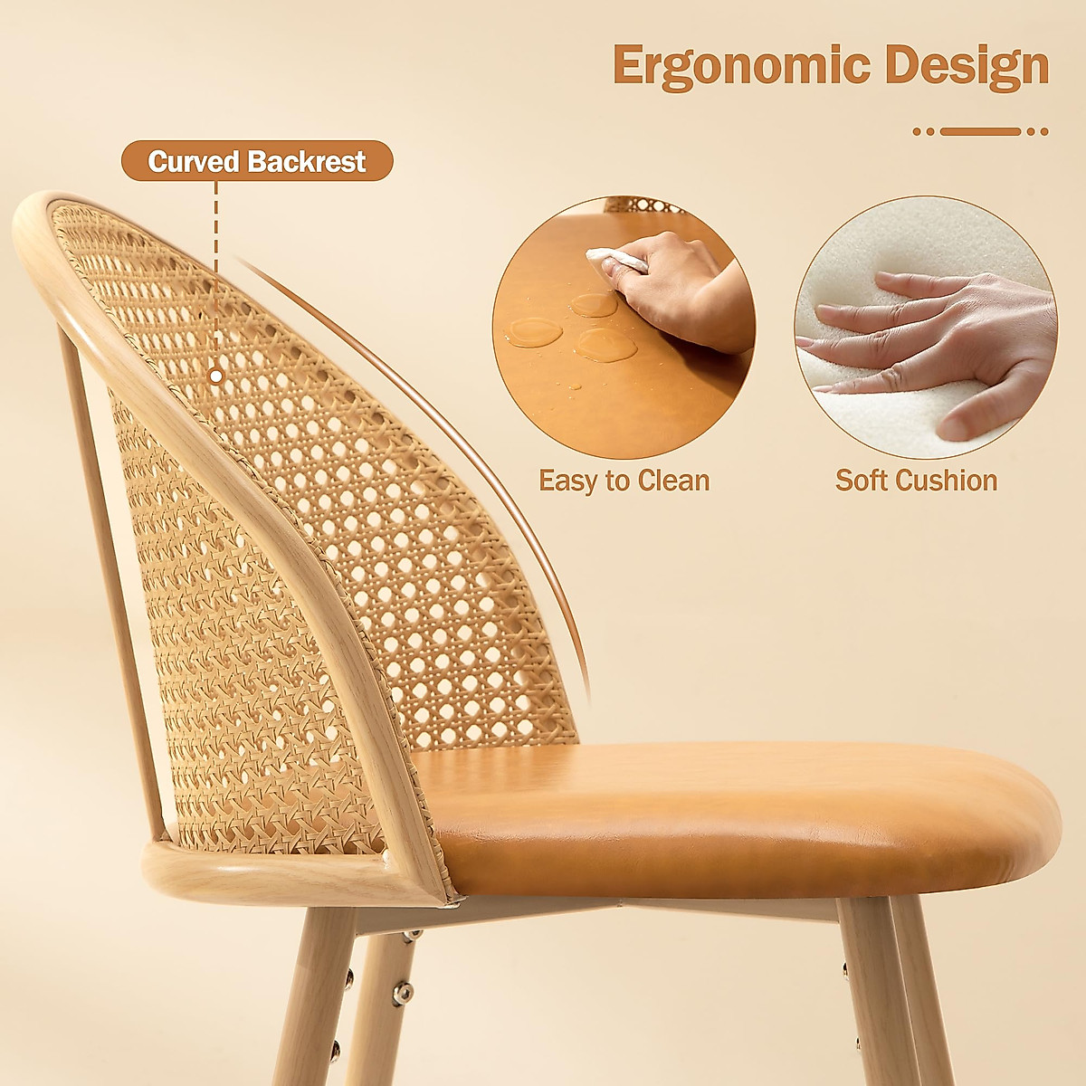 SICOTAS Rattan Bar Stools Set of 2 - Boho Counter Height Barstools - 29" Armless Bar Stools for Kitchen Island - Farmhouse Bar Stools with Back and Leather Cushion - Vintage Design Tall Kitchen Chairs