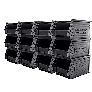 Efficient and Durable Black Stackable Plastic Storage Bins - pack of 12 (9 x 6 x 5 Inches) for Easy Access Organization, Wall Mount or Freestanding, Ideal for Warehouse, Workshop, and Home Storage Solutions