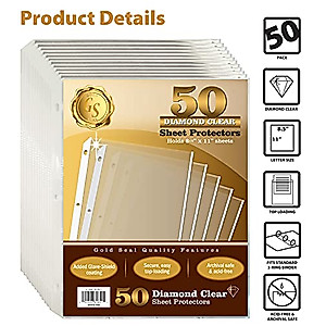 GOLD SEAL 50 Count Diamond Clear Sheet Protectors, Anti Glare Coating, Standard Durable Weight,8.5 x 11", Topload, 50 Pack