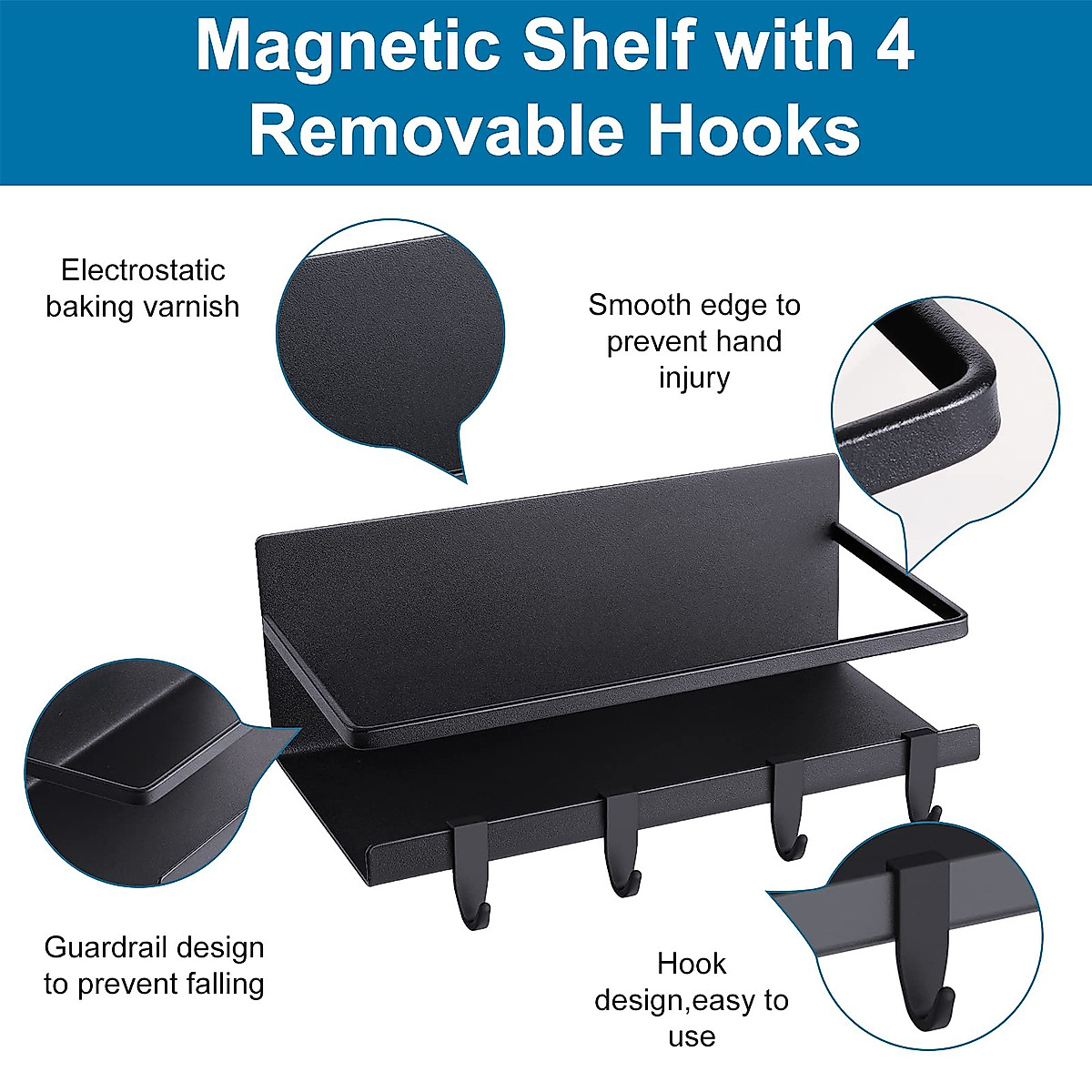 Arinster 2 Pack Magnetic Spice Rack Organizer - Single Tier Magnetic Spice Rack for Refrigerator with 8 Removable Hooks, Strong Magnetic Shelf for Kitchen,Metal Cabinet (Black)