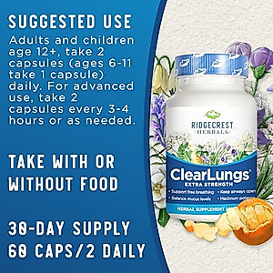 RidgeCrest Herbals ClearLungs Extra Strength, Daily Health Supplement, Natural Lung and Nasal Wellness Formula for Bronchial, Respiratory, Immune, Sinus, and Mucus Support (60 Vegan Caps, 30 Serv)