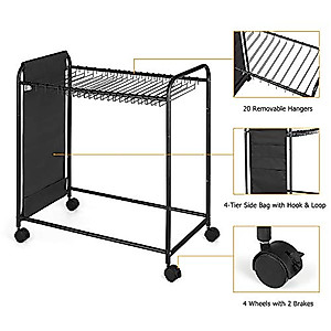 Pants Hanger Rolling Pants Trolley for Closet Pants Trouser Organizer with 20 Hangers and Side Bag for Dress Jeans Skirts Metal, Black