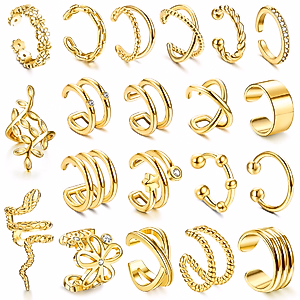 JeryWe 20Pcs Single Ear Cuffs Earrings For Women Non Piercing Ear Cuff Gold Flower Cz Helix Cartilage Cuff Earrings Clip On Wrap Earrings For Women
