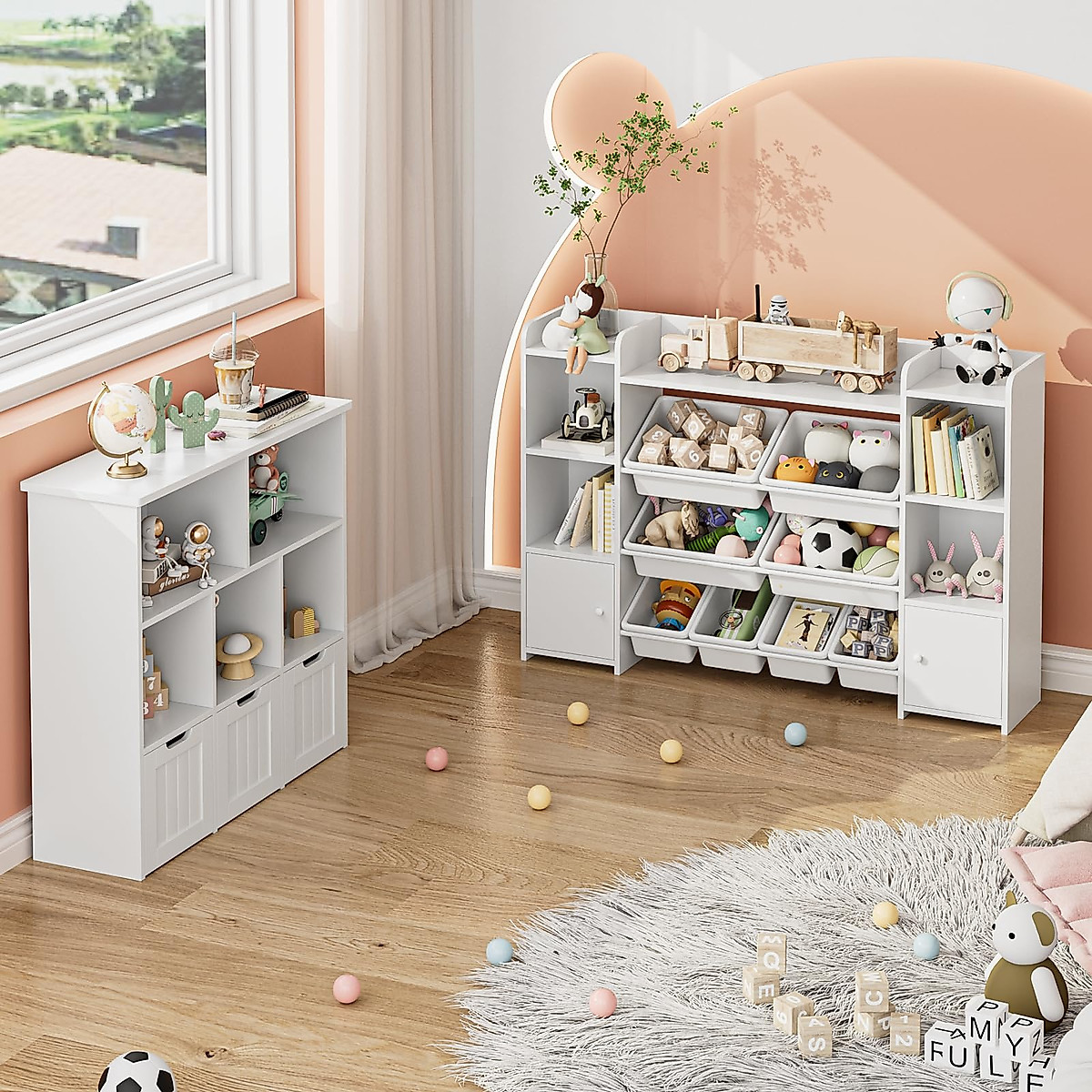 FOTOSOK 55''Large Toy Storage Organizer with 8 Toy Bins, Toy Organizers and Storage with Shelf and 6 Storage Cubbies, Bookshelf for Kids, Playroom Organization and Storage Bins, White