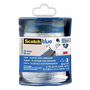 ScotchBlue Pre-Taped Painter's Plastic with Dispenser, Prepares and Protects in One Easy Step, Multi-Surface Painter's Tape and Plastic for Indoor Use, 24 Inches x 30 Yards, 1 Roll