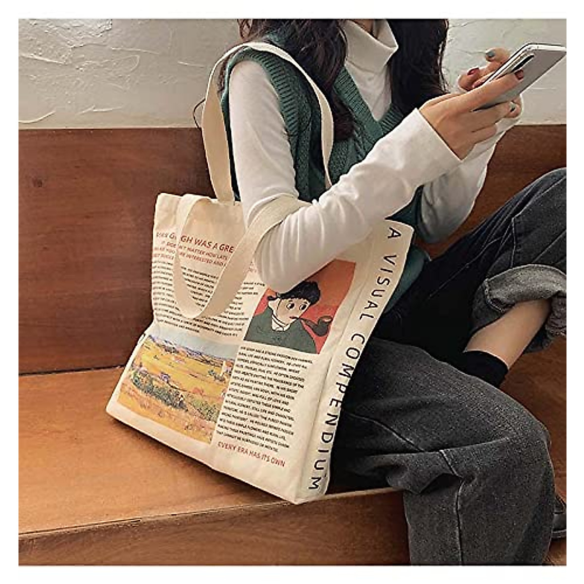 UERRUAM Canvas Tote Bag Aesthetic for Women Graphic Tote bag with Zipper Cute Canvas Bags with Pockets School Beach Travel