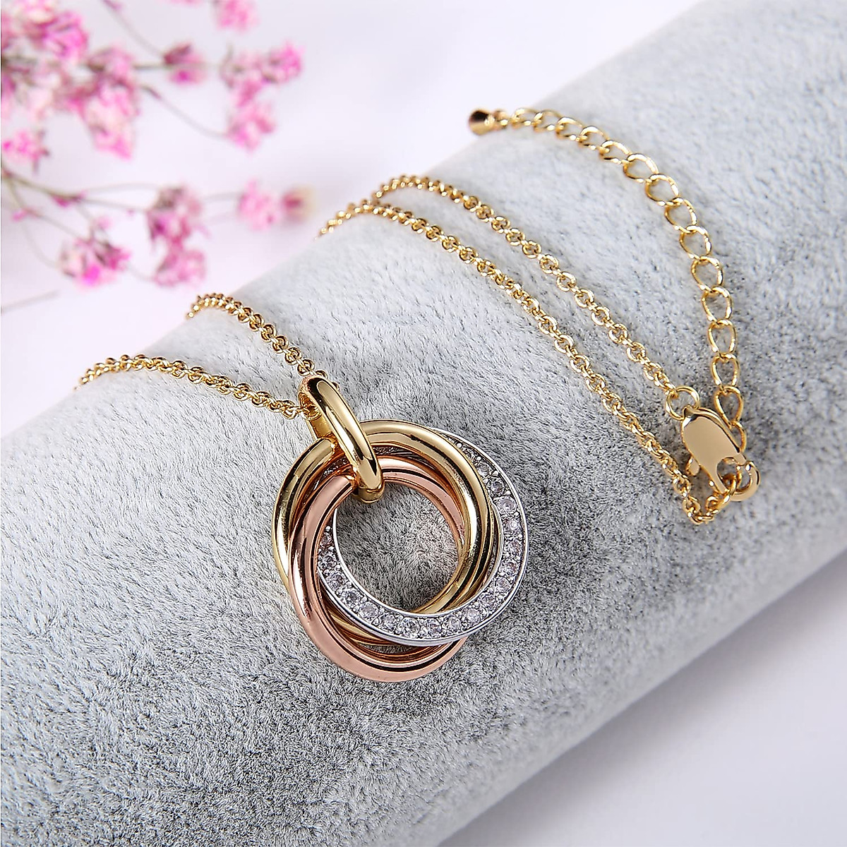 Ascona S925 Sterling Silver 3 Circles Necklaces Tricolor Generation Necklace for Women Interlocking Rings Pendant Necklace Great Grandma Christmas Mothers Day Valentines Day Gifts