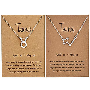 2Pcs Silver Taurus Necklace for Women 12 Constellation Sign Necklace CZ Astrology Zodiac Star Necklace Birthday Gifts with Message Card (Taurus)