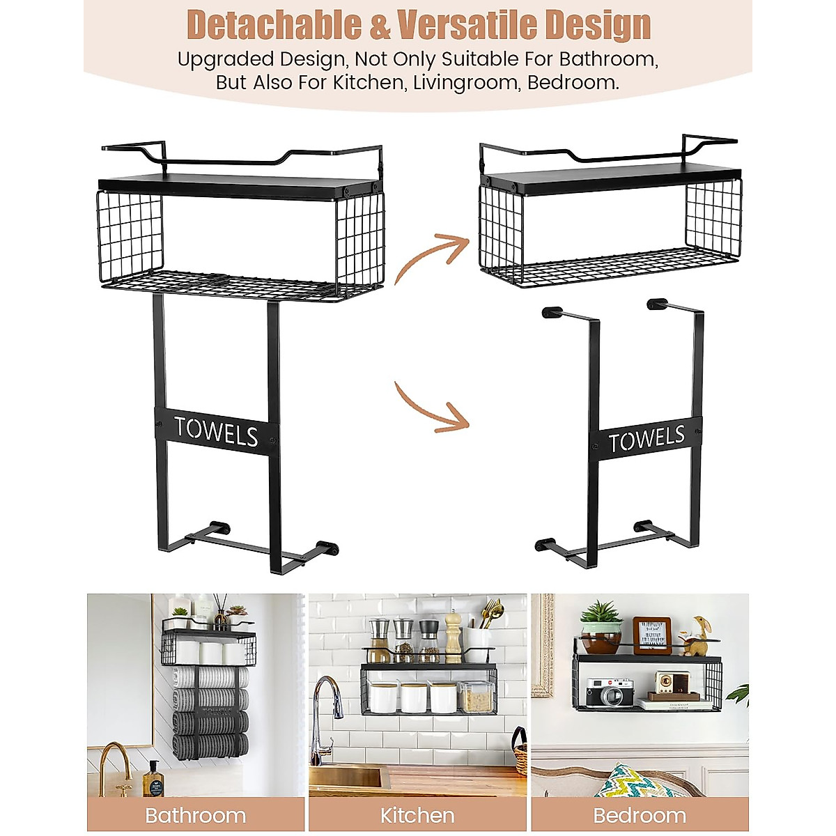 Towel Racks for Bathroom Wall Mounted - Bath Wall Towel Storage Holder Set Above Toilet, Rolled Towel Shelf Organizer for Small Bathroom Black, Wood Vertical Towel Rack for Bathroom Wall Decor