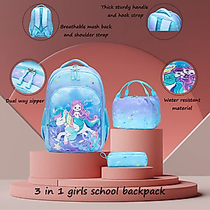 Mermaid Unicorn Backpack for Girls School Backpack for Girls Mermaid Bookbag Large Capacity Water Resistant School Bag 3 Piece Bundle with Insulated Lunch Bag Pencil Case