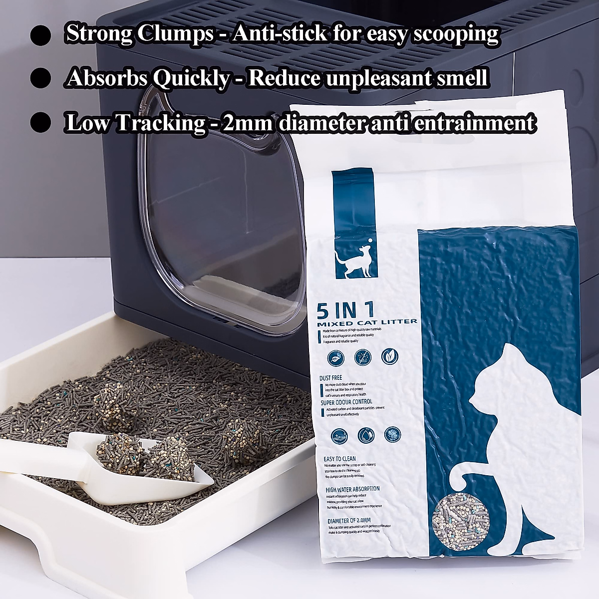 Vealind Clumping Cat Litter, Mixed Cat Litter 5 in 1 Dust-Free Flushable Odor Free Activiated Carbon Tofu Cat Litter (4 PACK-32 Pounds)