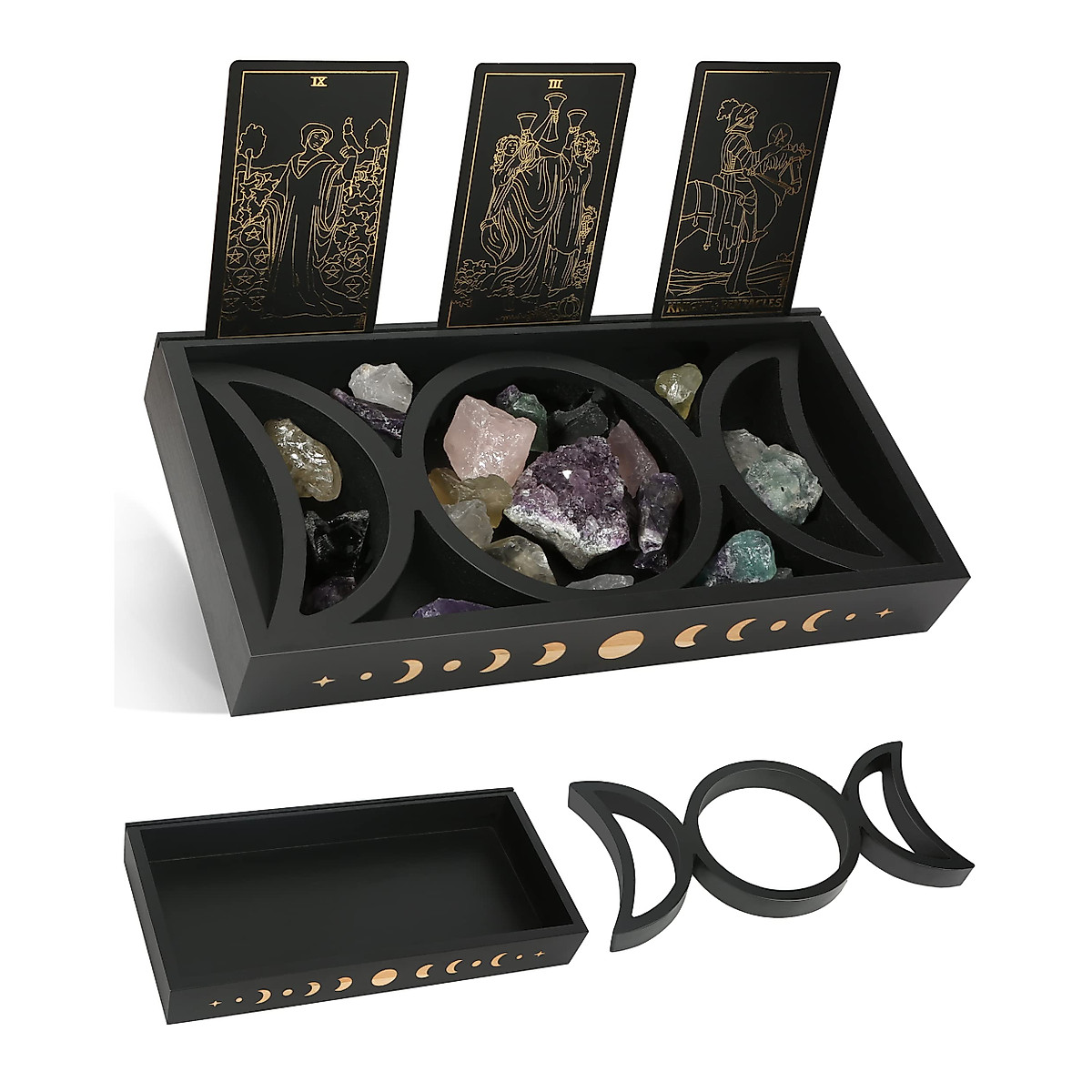 Crystal Tray for Stones, Triple Moon Crystal Holder Box, 3 Tarot Card Stand for Daily Affirmation Cards, Wicca Crystal Display, Detachable Rocks, Essential Oil Organizer, Witch Altar Gift