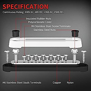 DaierTek 12V Power Distribution Block 2 x 1/4" (M6) Terminal Studs 12 x M4 (#8) Terminal Screws Battery Bus Bar Terminal Block Max 48V Positive & Negative Busbar for Automotive Car Boat