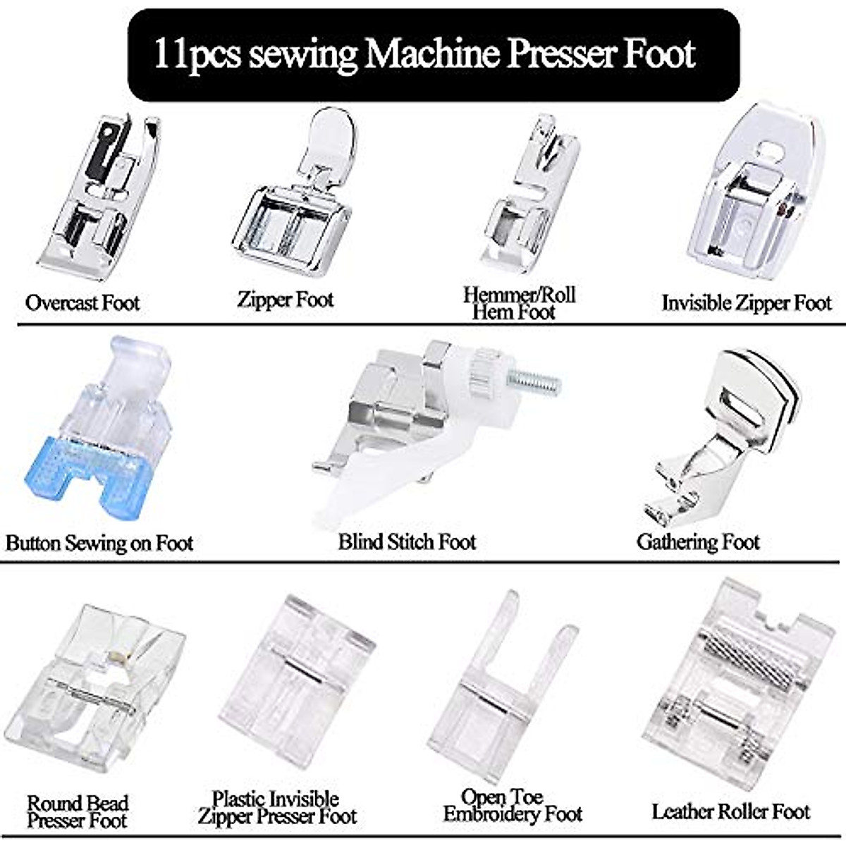 ZKSM 11 Pcs Presser Feet, Sewing Machine Presser Walking Feet Kit Compatible for Brother Babylock Janome Elna Toyota New Home and Low Shank Sewing Machines