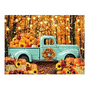 Funnytree 8 x 6 FT Autumn Forest Blue Truck Backdrop for Portrait Photography Picture Fall Harvest Pumpkin Farm Thanksgiving Day Baby Shower Friendsgiving Party Supplies Decoration Banner Background