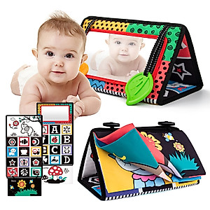 UNIH Tummy Time Floor Mirror Baby Toys with Teethers & Cloth Books - High Contrast Black & White Sensory Toy for Newborn Infant Babies Toys 0 3 6 Months