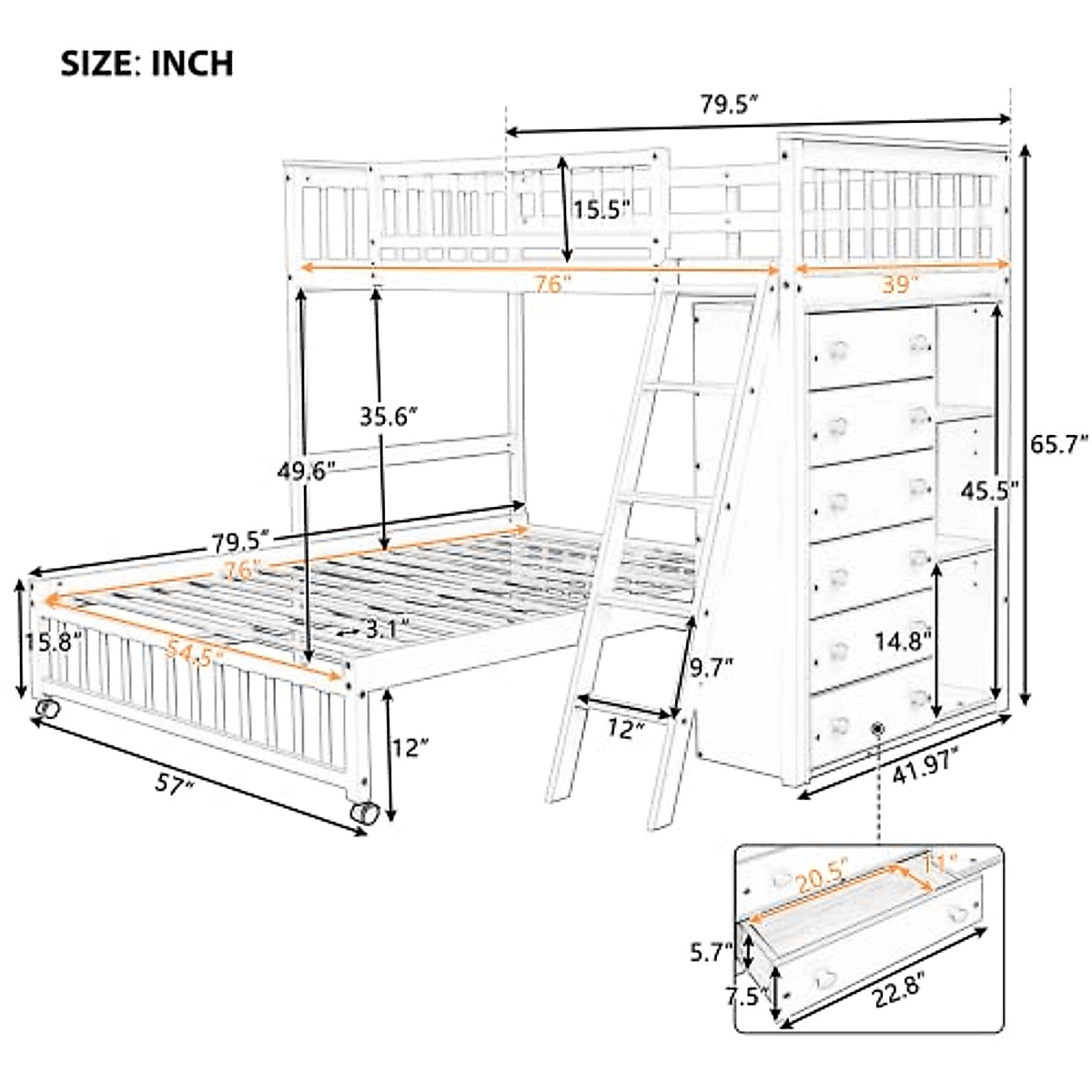 Merax Wooden Twin Over Full Bunk Bed with Six Drawers