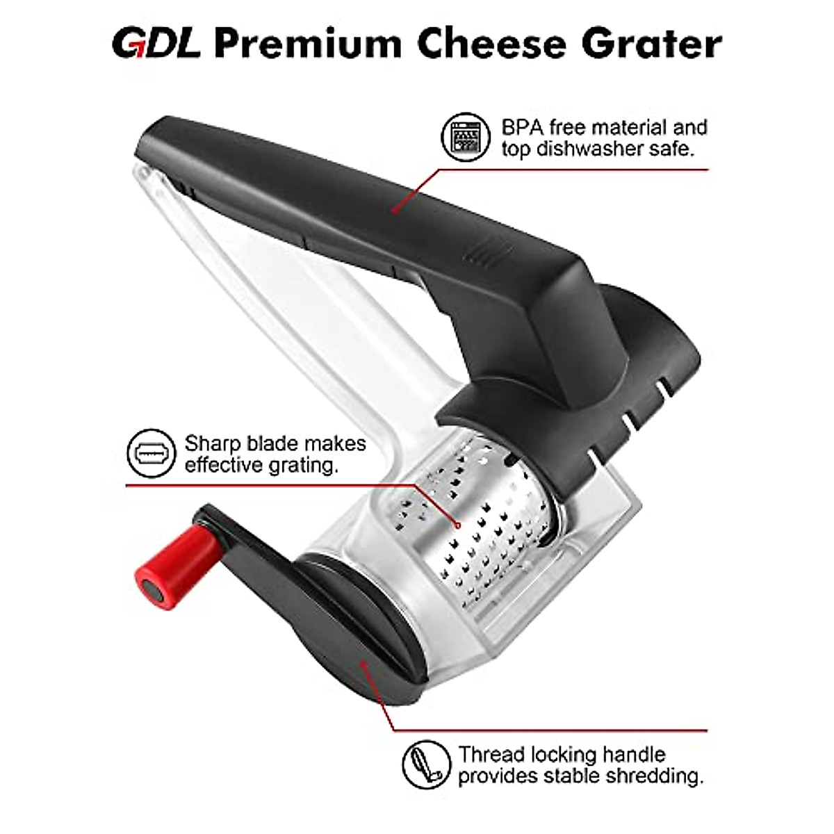Rotary Cheese Grater, Handheld Cheese Grater for Kitchen, Dishwasher Safe Parmesan Cheese Grater with Stainless Steel Blade for Cheese, Nuts, Chocolate and More, Black