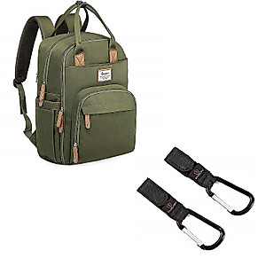 RUVALINO Diaper Bag Backpack, Stroller Hooks, Multifunction Travel Green Baby Back Pack with Changing Pad, Universal Stroller Clips for Mom Dad