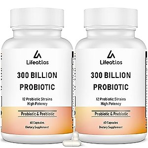 Lifeatlas 300 Billion CFU Probiotics - Probiotics for Women and Men - 12 Probiotic Strains Plus 3 Organic Prebiotic, Probiotics for Digestive Health, Gut & Immune Health, Gas & Bloating, 120 Capsules