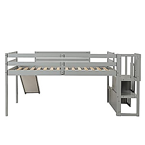 BOVZA Twin Size Low Loft Bed with Stairs and Slide, Wood Bedframe with Safety Guardrails for Kids Boys Girls, Gray