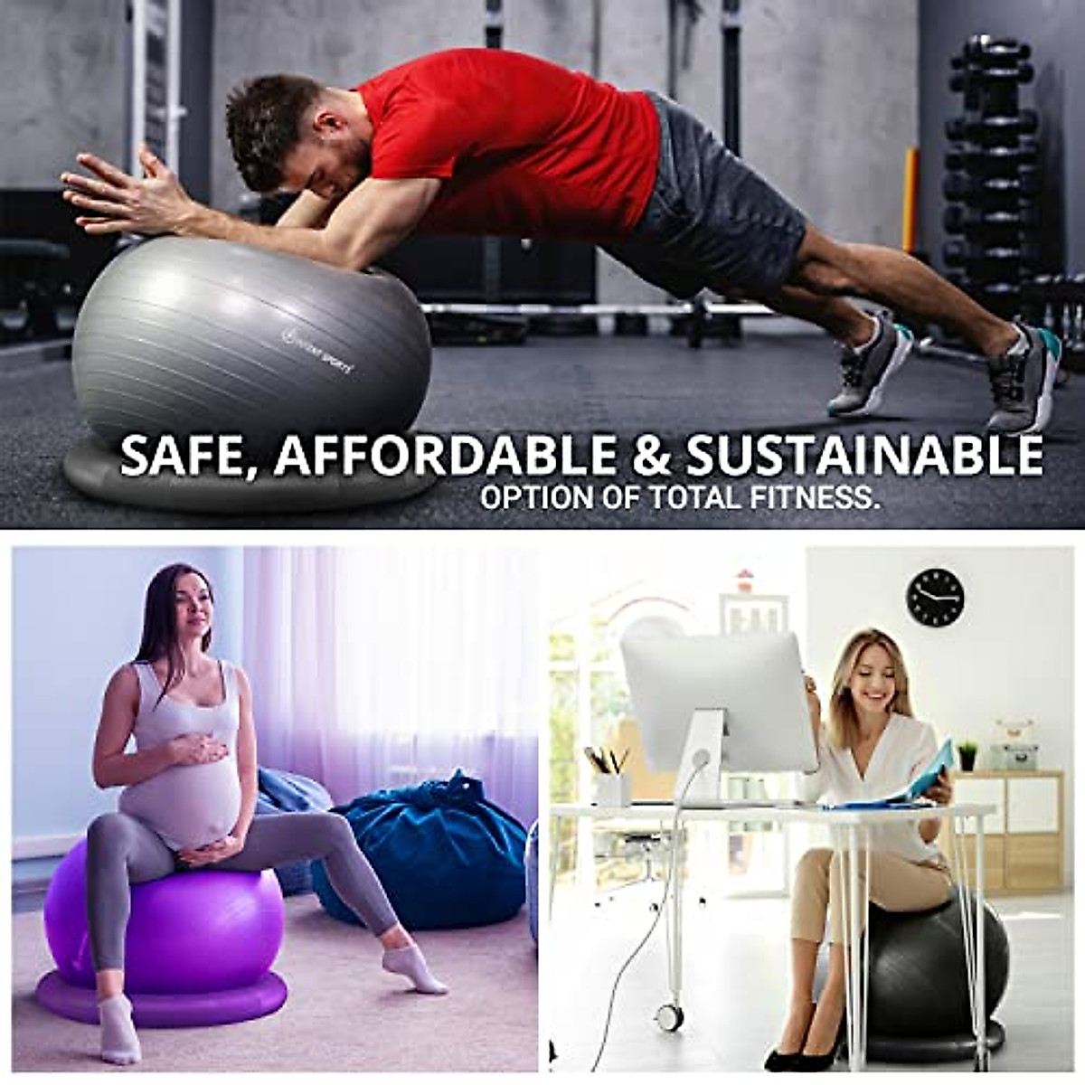 INTENT SPORTS Yoga Ball Chair – Stability Ball with Inflatable Stability Base & Resistance Bands, Fitness Ball for Home Gym, Office, Improves Back Pain, Core, Posture & Balance (65 cm) (Gray)