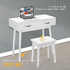 VIVOHOME Vanity Set with 3-Color Dimmable Lighted Mirror, Makeup Dressing Table with Drawers, Padded Stool, White