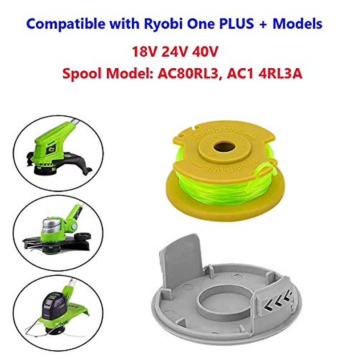 11ft 0.080" Replacement Trimmer Spool for Ryobi One Plus AC80RL3 18v 24v 40v with AC14HCA String Trimmer Cap Covers Cordless Auto-Feed Twist Single Line (10 Spool+2 Cap)