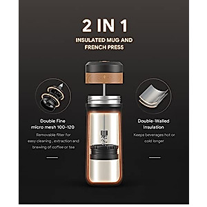 i cafilas Portable French Press Coffee Maker with Unique Filter Vacuum Insulated Travel Coffee Mug 12oz Hot/Cold Brew Coffee Press Stainless Steel Coffee & Tea Maker Great for Camping and Travel