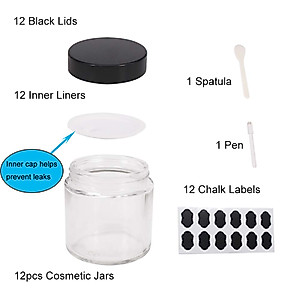 BPFY 12 Pack 4 oz Clear Glass Travel Cosmetic Jars, Refillable Cosmetic Containers with Inner Liners, Lids, Spatula, Chalk Labels, Pen, Beauty Jars for Sugar Scrubs, Cream, Bath Salts, Slime