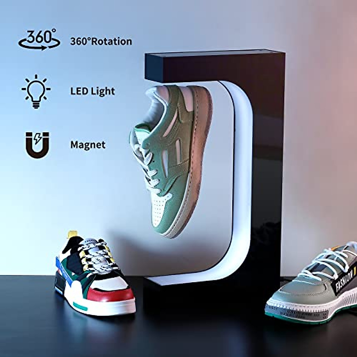 Coolha Floating Shoe Display Levitating Magnetic Sneaker Stand Holder with 360° Rotation LED Light Double Anti-drop Protection Function for Advertising Exhibition Shop Store