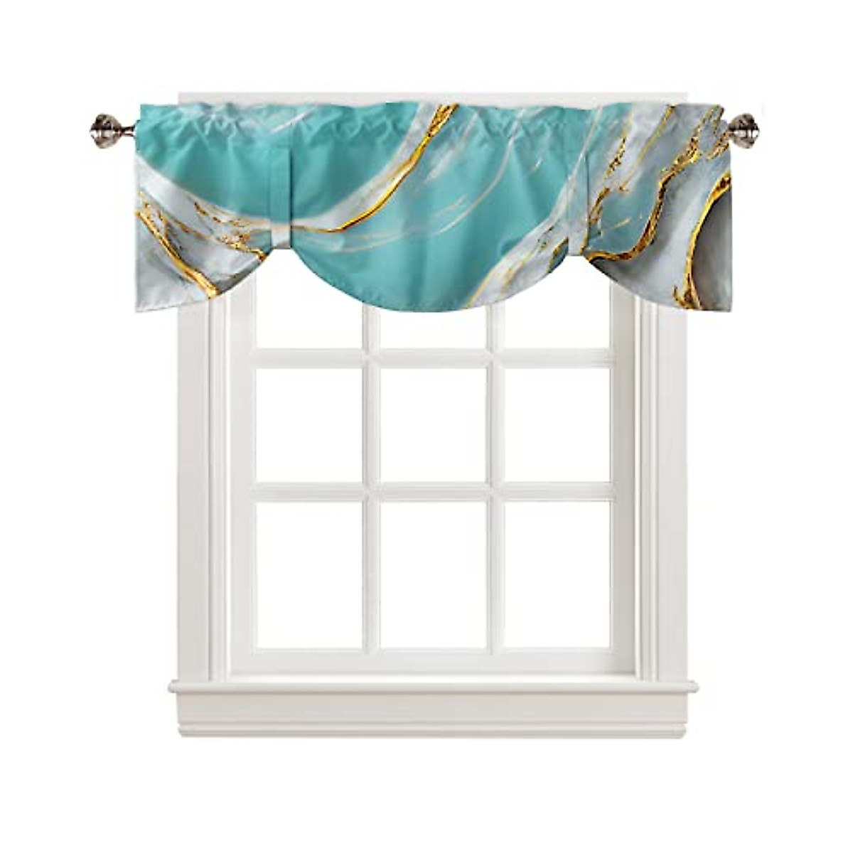 Tie Up Curtain Valance Window Topper 1 Panel 54x18in,Wild Agate Marble Stone Texture Adjustable Rod Pocket Short Window Shade Valances for Kitchen Bedroom Windows,Natural Abstract Aqua White Gold