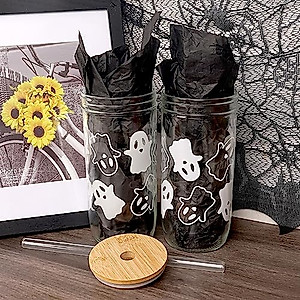 Halloween Cups, Ghost Decor 24oz Halloween Mug Mason Jar Glass Cups with Lids and Straws Ghost Tumblers Coffee Cups Cookie Jar Glasses Halloween Glassware Drinking Glasses Halloween Decorations Indoor