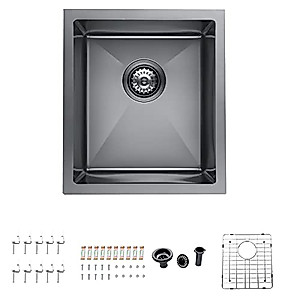 MELANSTAR Stainless Steel Single Bowl Wet Bar Sinks Drop-in Small Kitchen Prep Sink with Sink Strainer Waste Basket and Bottom Grid, 15" x 17" x 9", Black