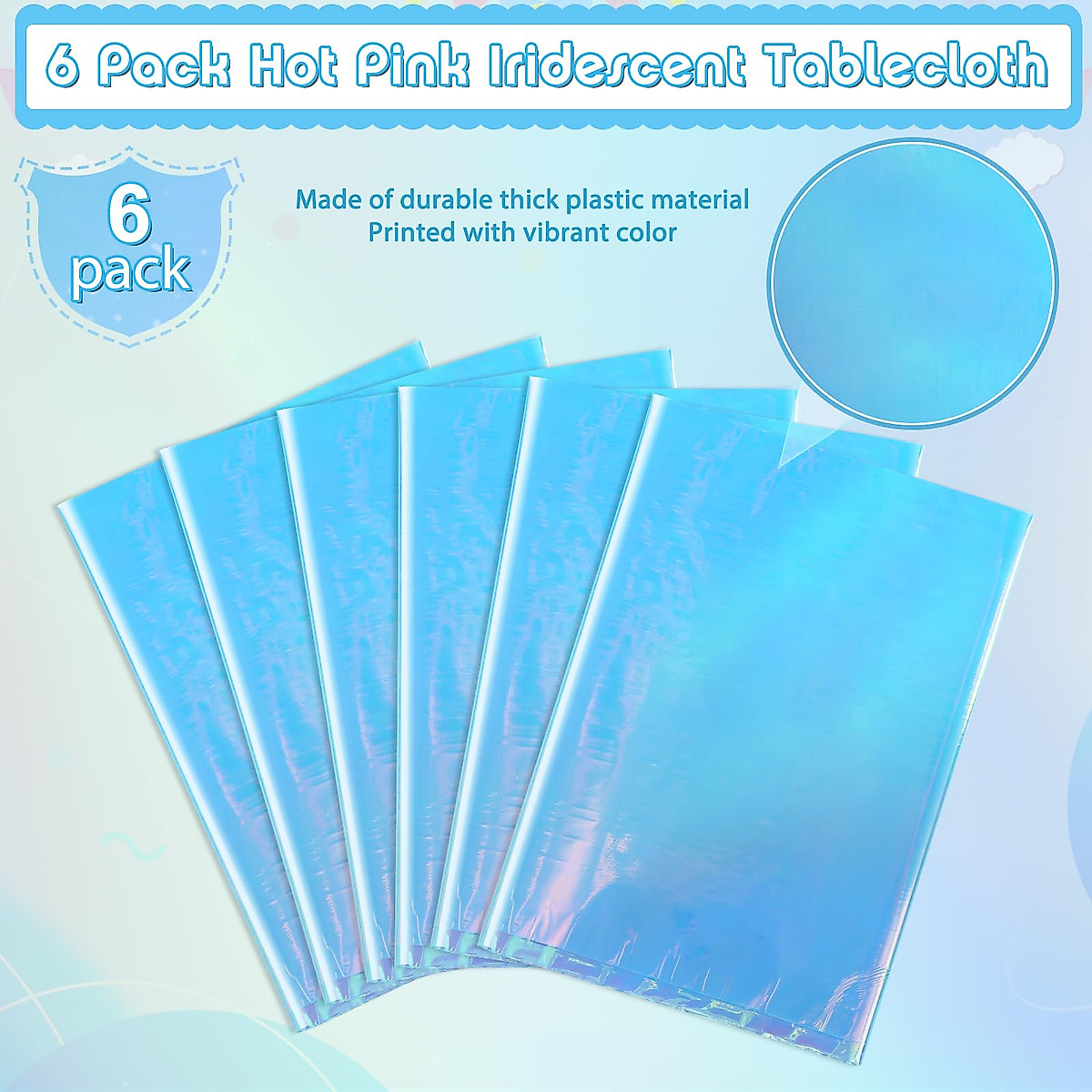 6 Pack Iridescent Blue Plastic Tablecloth, Shiny Blue Disposable Laser Rectangle Table Covers, Blue Holographic Foil Tablecloth Party Decorations for Birthday Bridal Wedding Christmas, 40 x 108 Inch