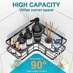 Prlsca 5 Pack Corner Shower Caddy,Large Capacity Adhesive Shower Organizer with Soap Holder & Toothpaste,No Drilling Stainless Steel Shower Shelves with Hooks for Bathroom, Dorm and Kitchen（Black）