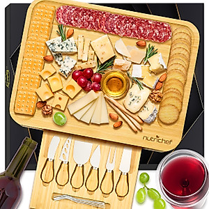 NutriChef Natural Bamboo Cheese Board Set with Bonus Condiment Cup-Extra Large Size 100% Home Organic Wooden Plate and Charcuterie Tray with 4 pcs Cutting Knife Slicer