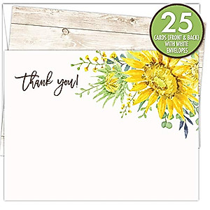Koko Paper Co Sunflower Thank You Cards | 25 Flat Note Cards and Envelopes | Printed on Heavy Card Stock.
