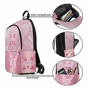 Personalized School Backpack with Name Text Pink Butterfly Diamond Custom Bookbag for Kids Boys Girls, Waterproof Elementary Customize Book Bag with Adjustable Shoulder Straps for School Travel
