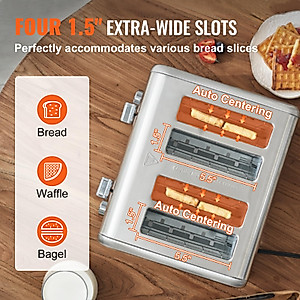 VEVOR Retro Stainless Steel Toaster, 4 Slice, 1625W 1.5'' Extra Wide Slots Toaster with Removable Crumb Tray 6 Browning Level, Reheat Cancel Defrost and Bagel Functions for Toasting Bread Bagel Waffle