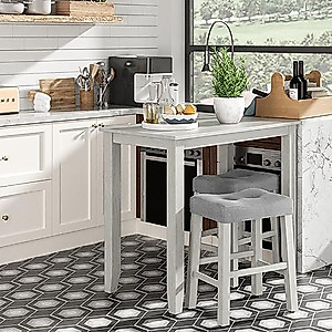 Nathaniel Home 3 Piece Counter Height Table Chairs Set, Kitchen Dining Room Sets Furniture One Bench and Two Saddle Stools with Upholstery pad, Antique White