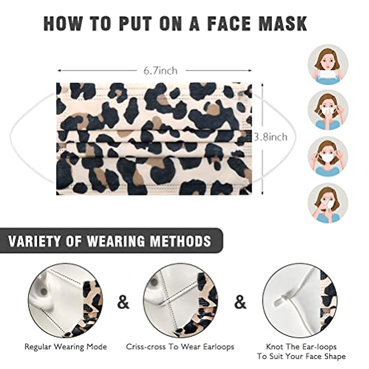 Disposable Face Mask - 50pcs Comfortable Protective Mouth Cover,Printed Cheetah Face Mask Adults, 3-Ply Breathable Safety Mask for Indoor Outdoor Home Office Travel (Leopard)
