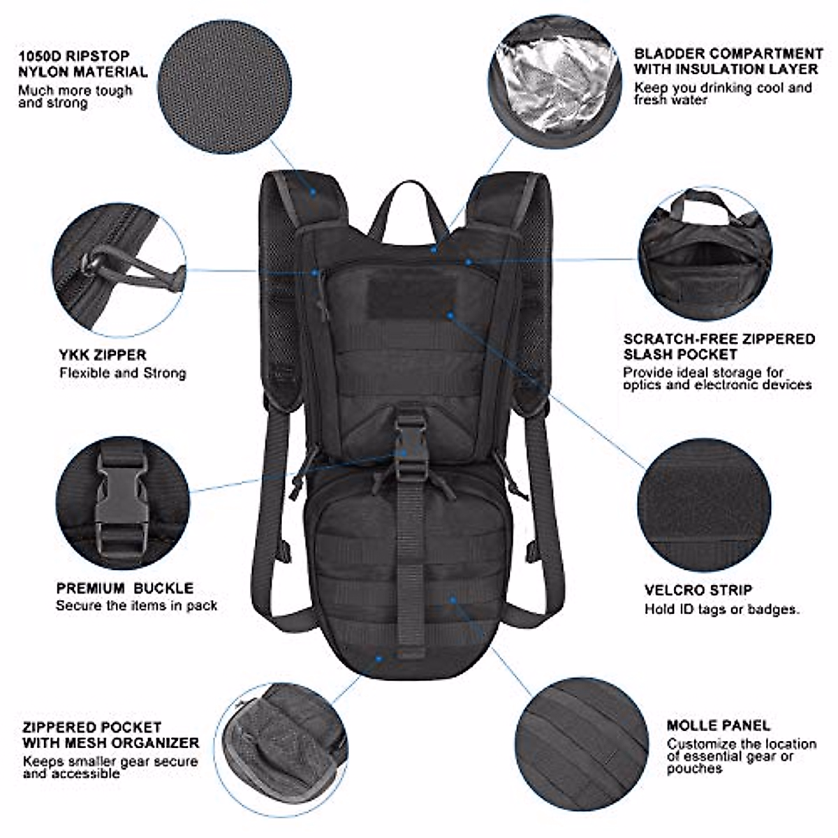 Unigear Tactical Hydration Packs Backpack 1050D with 2.5L Water Bladder, Thermal Insulation Pack Keeps Liquid Cool up to 4 Hours for Hiking, Cycling, Hunting and Climbing (Black)