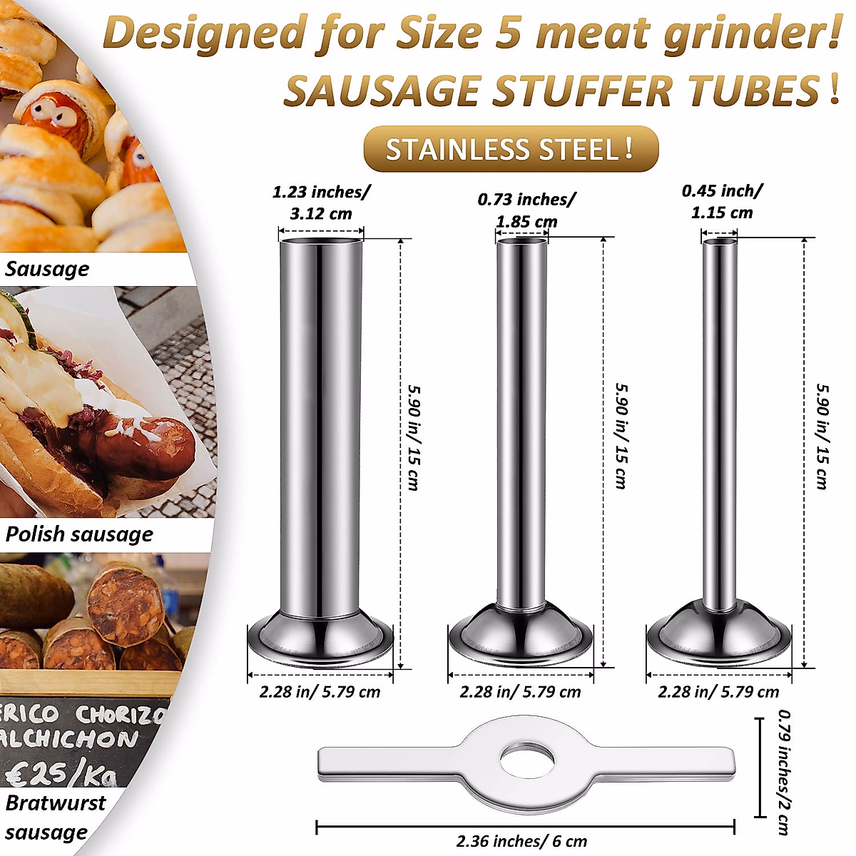 Mudder 4 Pieces Sausage Stuffer Kit 3 Different Sizes Stainless Steel Grinder Tubes with Sausage Stuffer Ring for Size 5 Meat Grinder Food Maker Kit